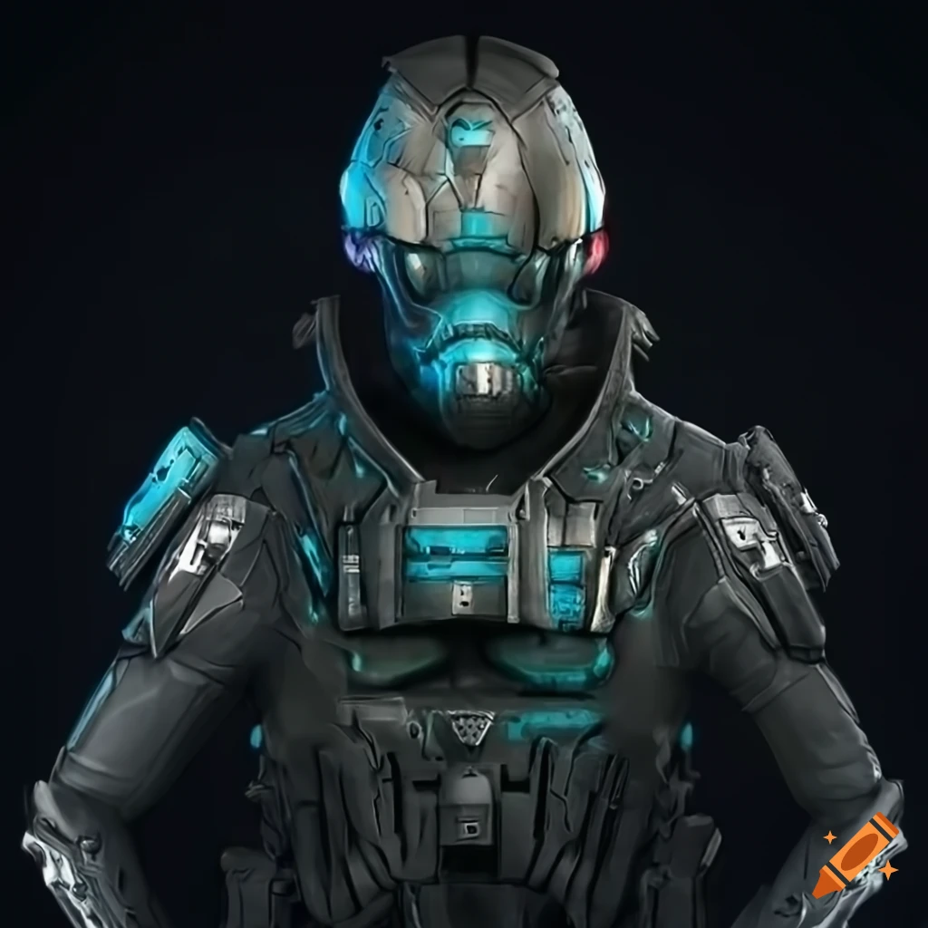 Sculpted portrait of a male soldier in futuristic military uniform on Craiyon