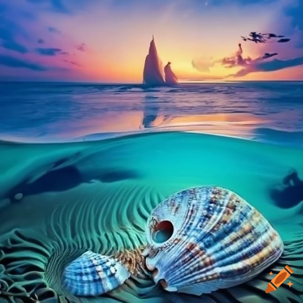 Surrealist beach with strange shells, wild waves and eccentric flowers ...