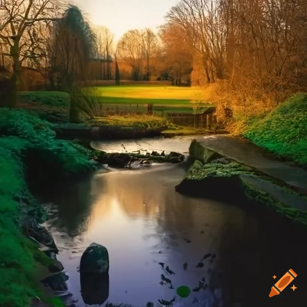 Sunset view of Knighton Park gardens in Leicester, with a flowing ...