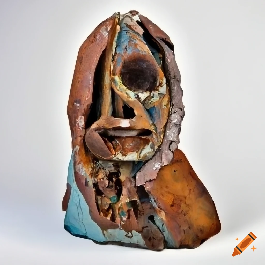 Mixed media sculpture made of wood, metal, paper, and glass on Craiyon