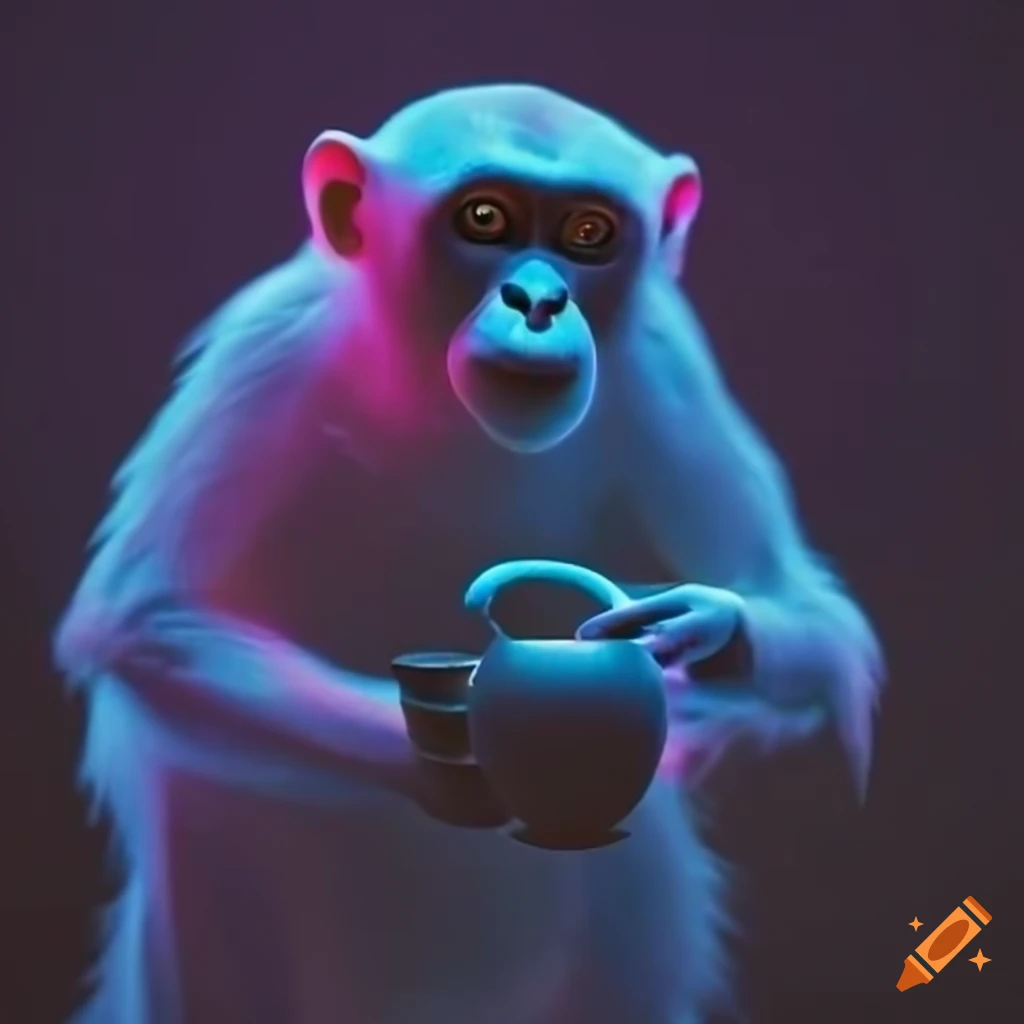 Monkey holding a tea pot in a glowing forest on Craiyon
