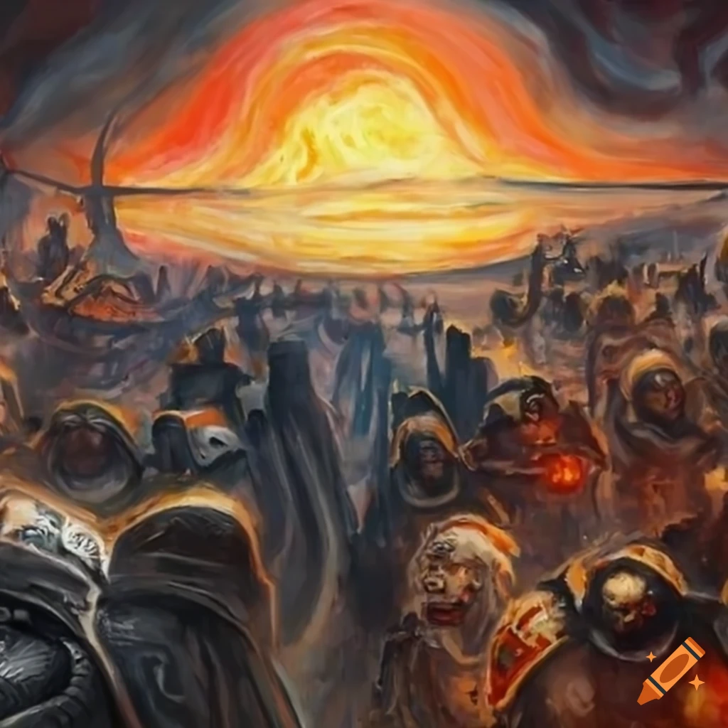 Painting of an epic battle in warhammer 40000