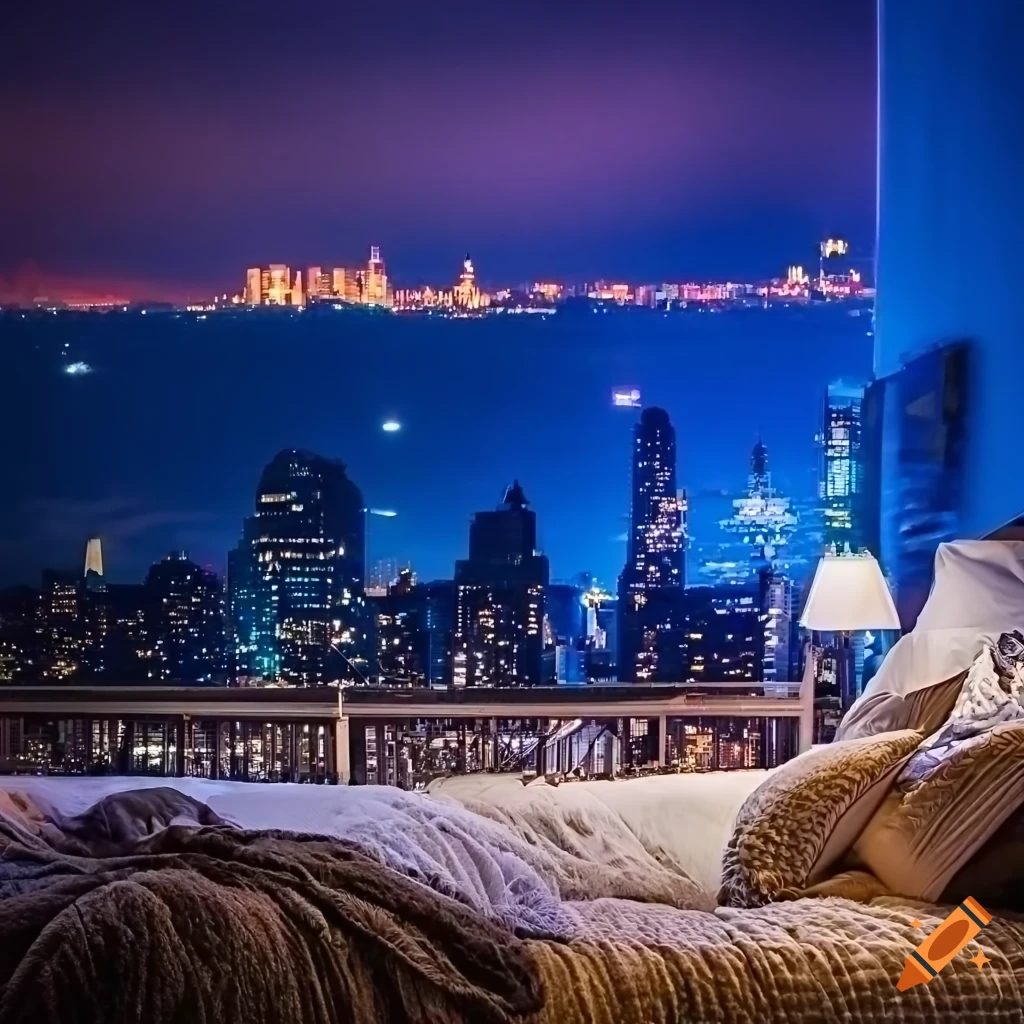 Night view of a bedroom with city skyline