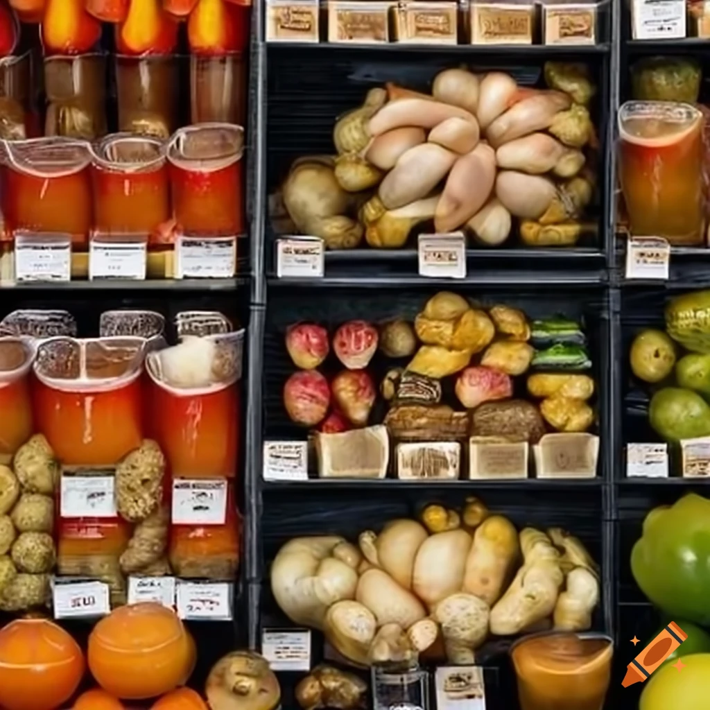Shelf full of alien foods in a futuristic shop on Craiyon