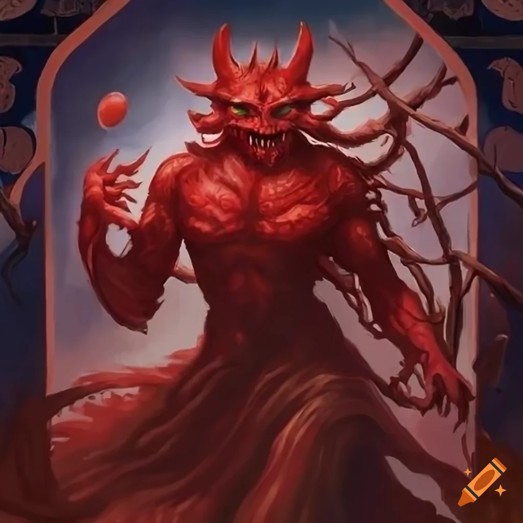 Red demon creature card inspired by Mila Pesic's style on Craiyon