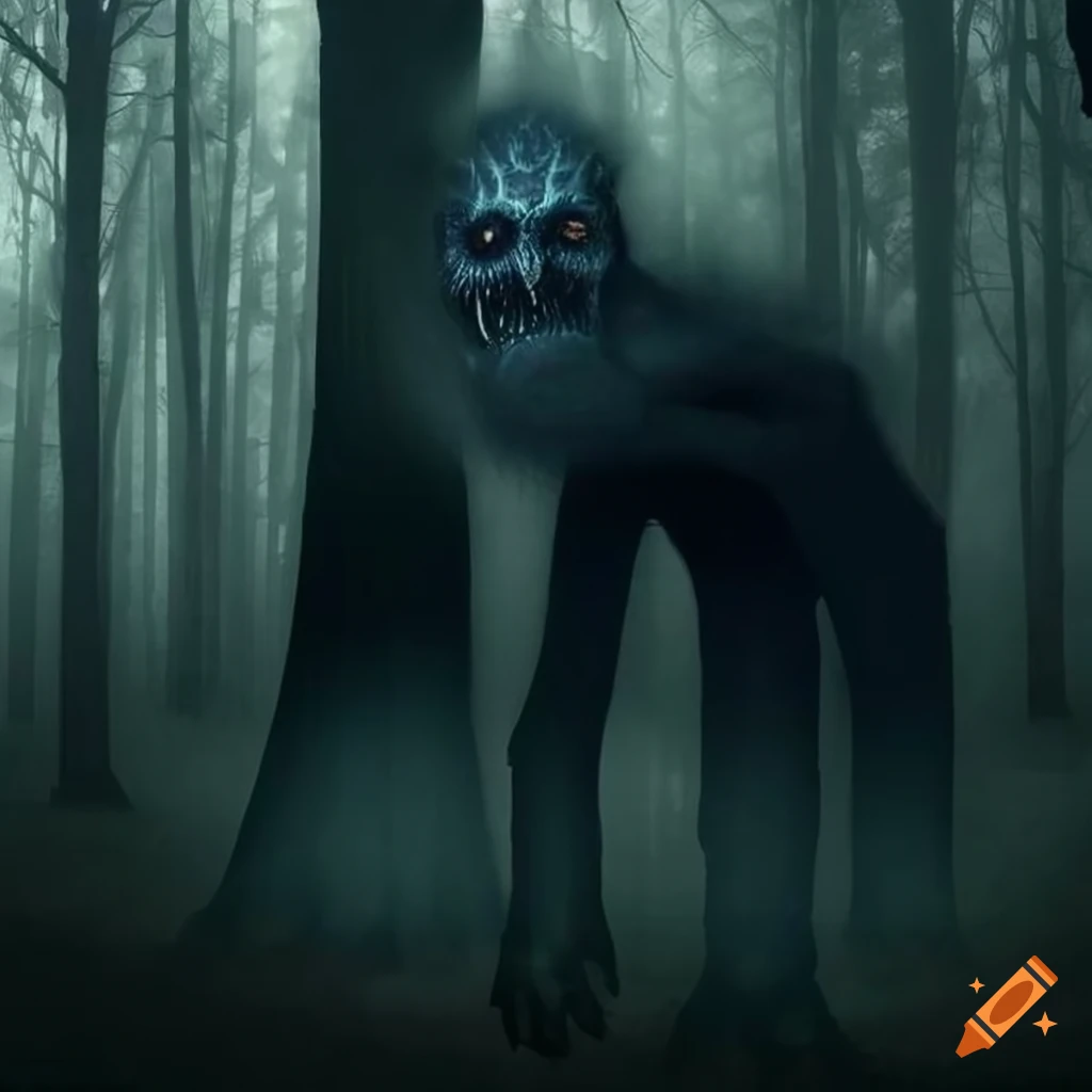 Sinister monster hiding in a dark forest on Craiyon