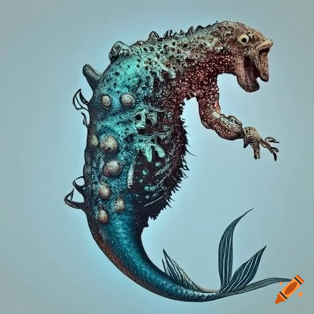 Etching of a sea cucumber-lizard hybrid merman