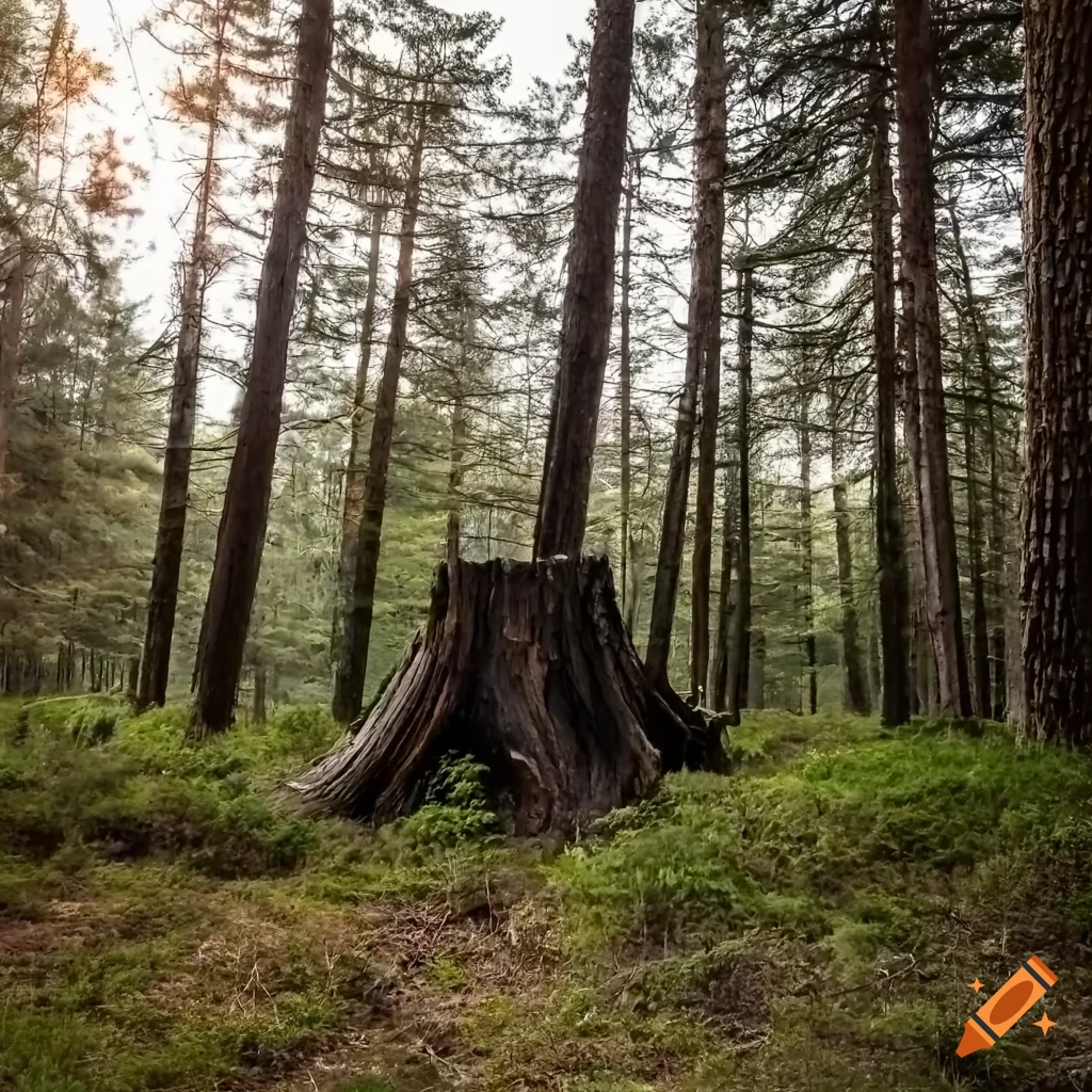Sunset view of a distant tree stump in a pine forest on Craiyon