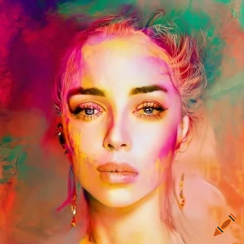 Artistic portrait of a young woman with vibrant backdrop on Craiyon