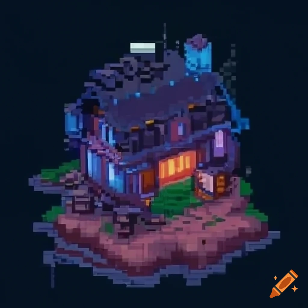 Top-down pixel art of a smithing village with a teleport portal on Craiyon