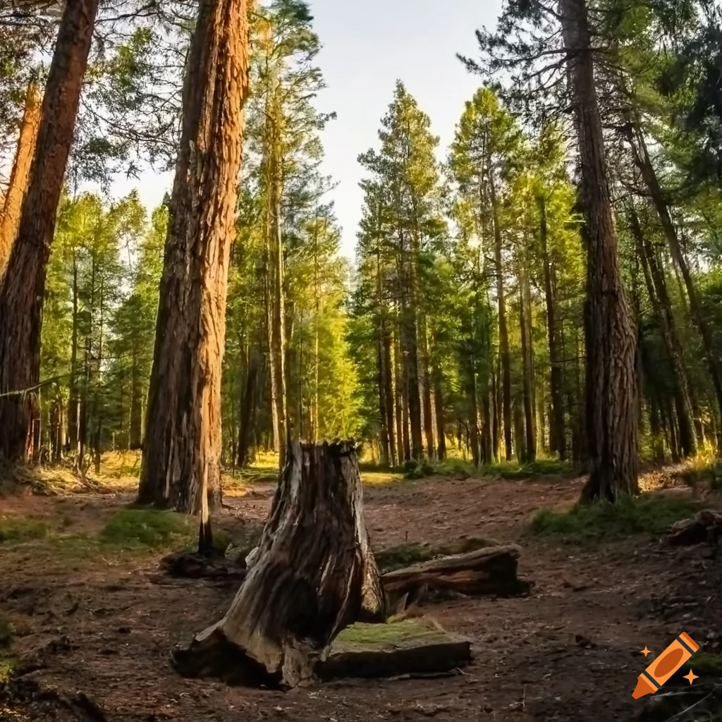 Sunset view of a distant tree stump in a pine forest