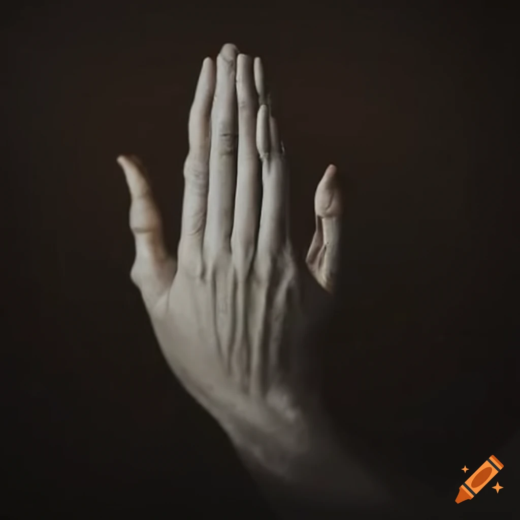 Sculpted mutated praying hands with face-like fingers