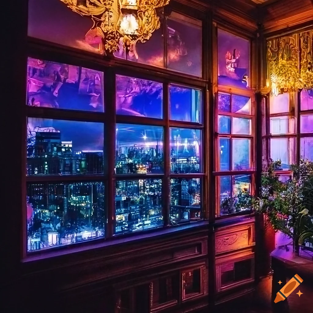 View of night cityscape through a wide open victorian window on Craiyon