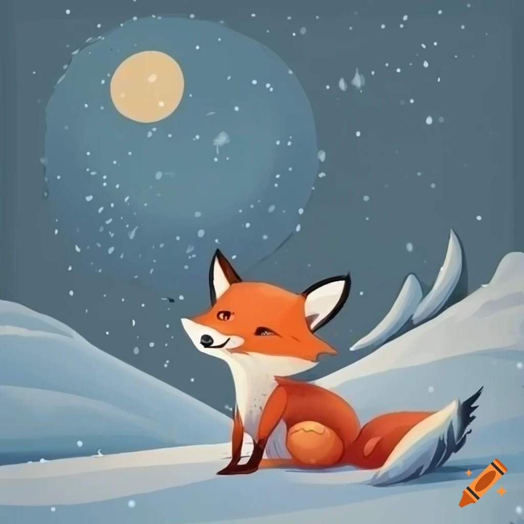 Cartoon illustration of a fox in a snowy field on Craiyon