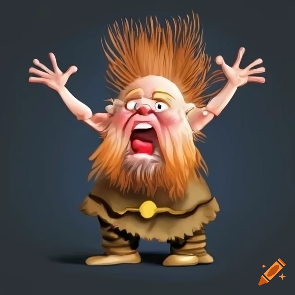 Cartoon dwarf with wild hair screaming on Craiyon