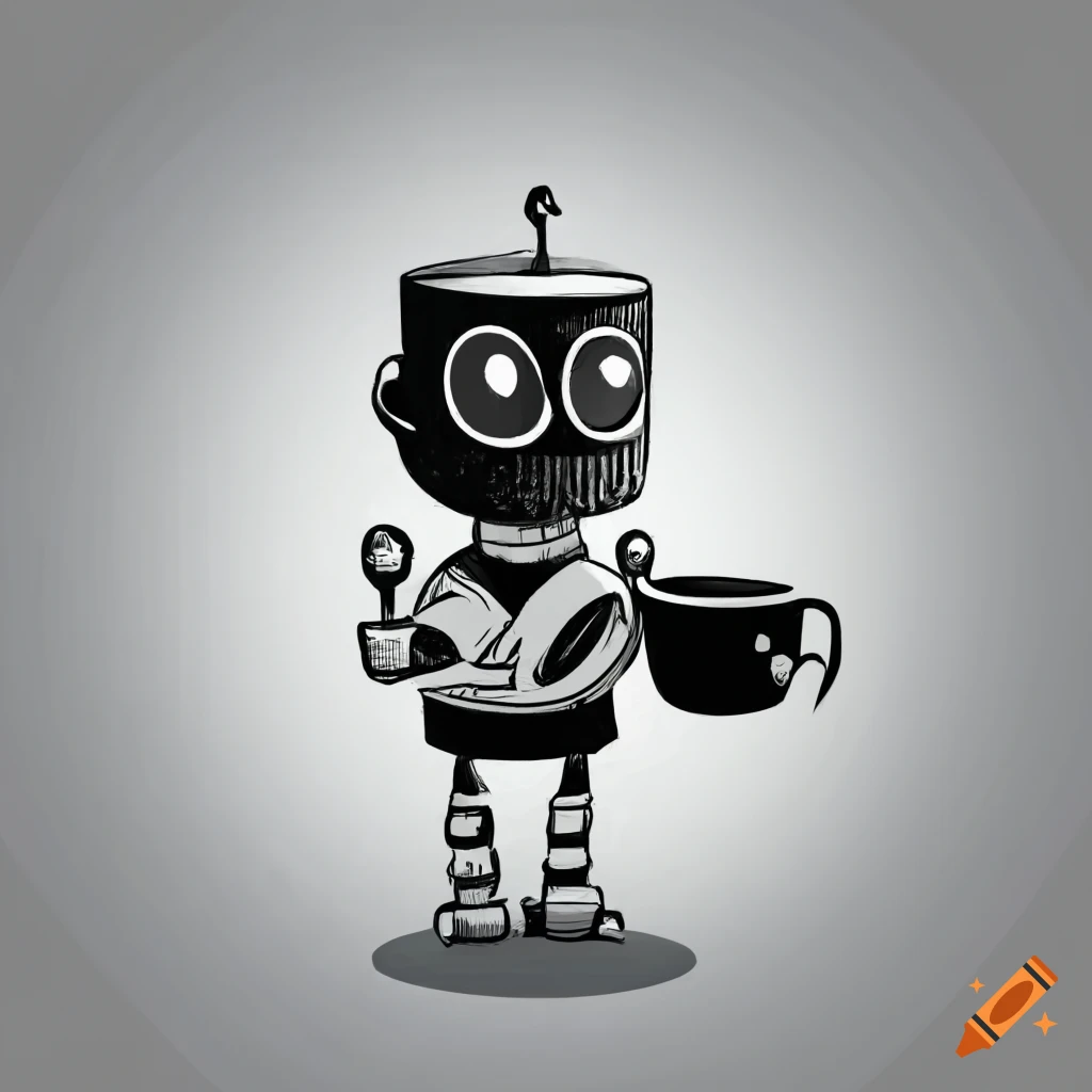 Cartoon robot holding a cup of tea