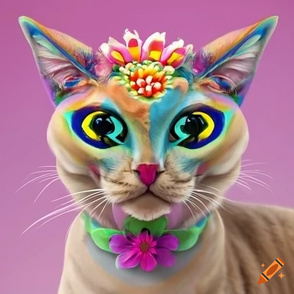Colorful alien cat with flower-shaped head