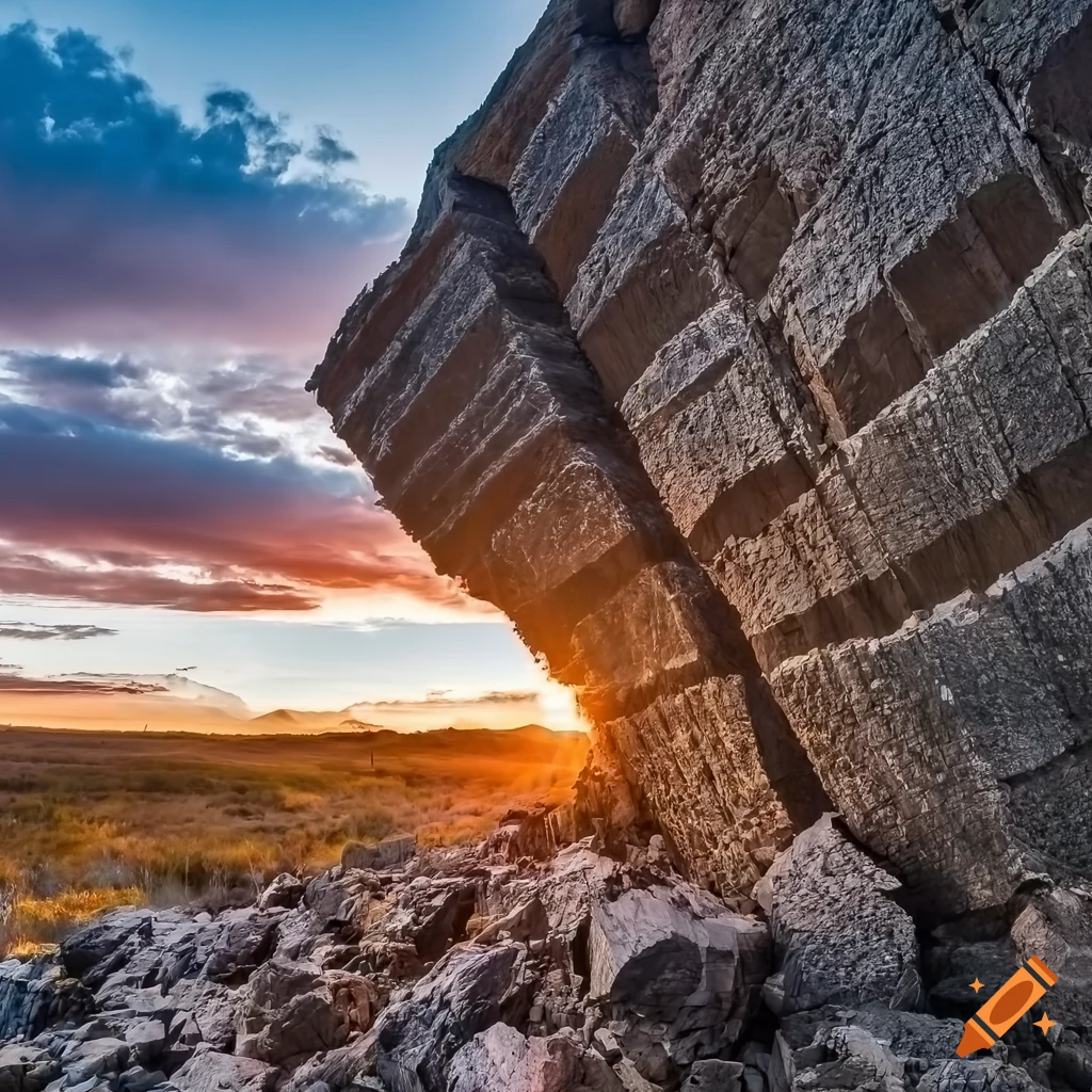 Sunset view of a closeup basalt excavation on Craiyon