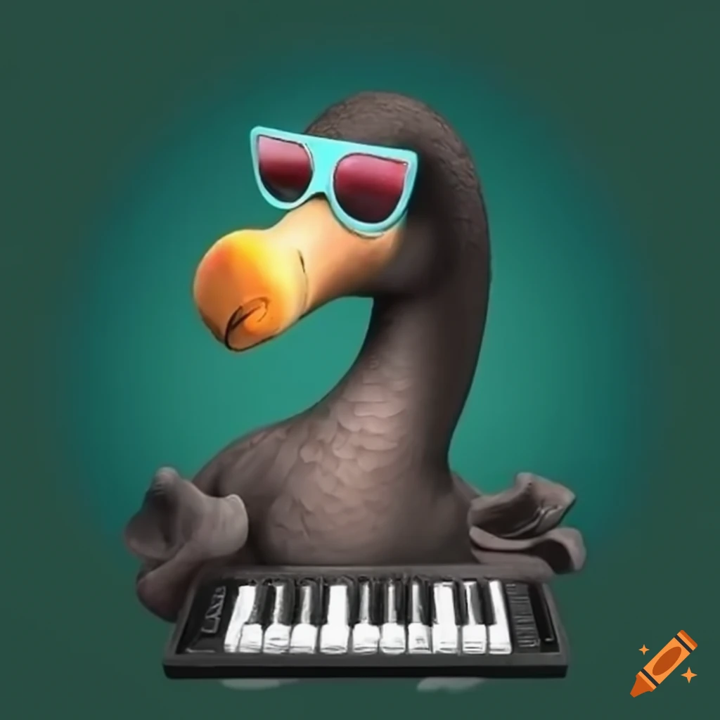Dodo bird wearing sunglasses and playing keyboard