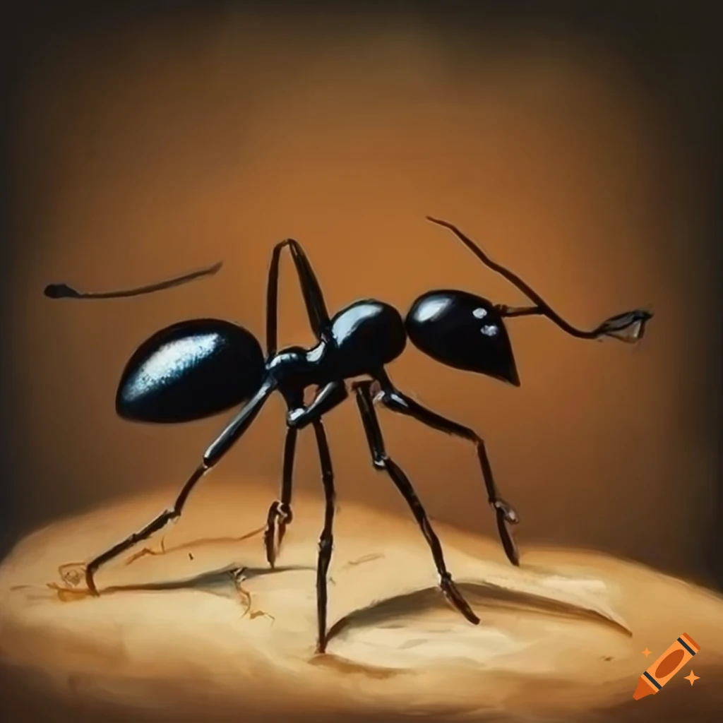 Oil painting of a black ant in sand on Craiyon