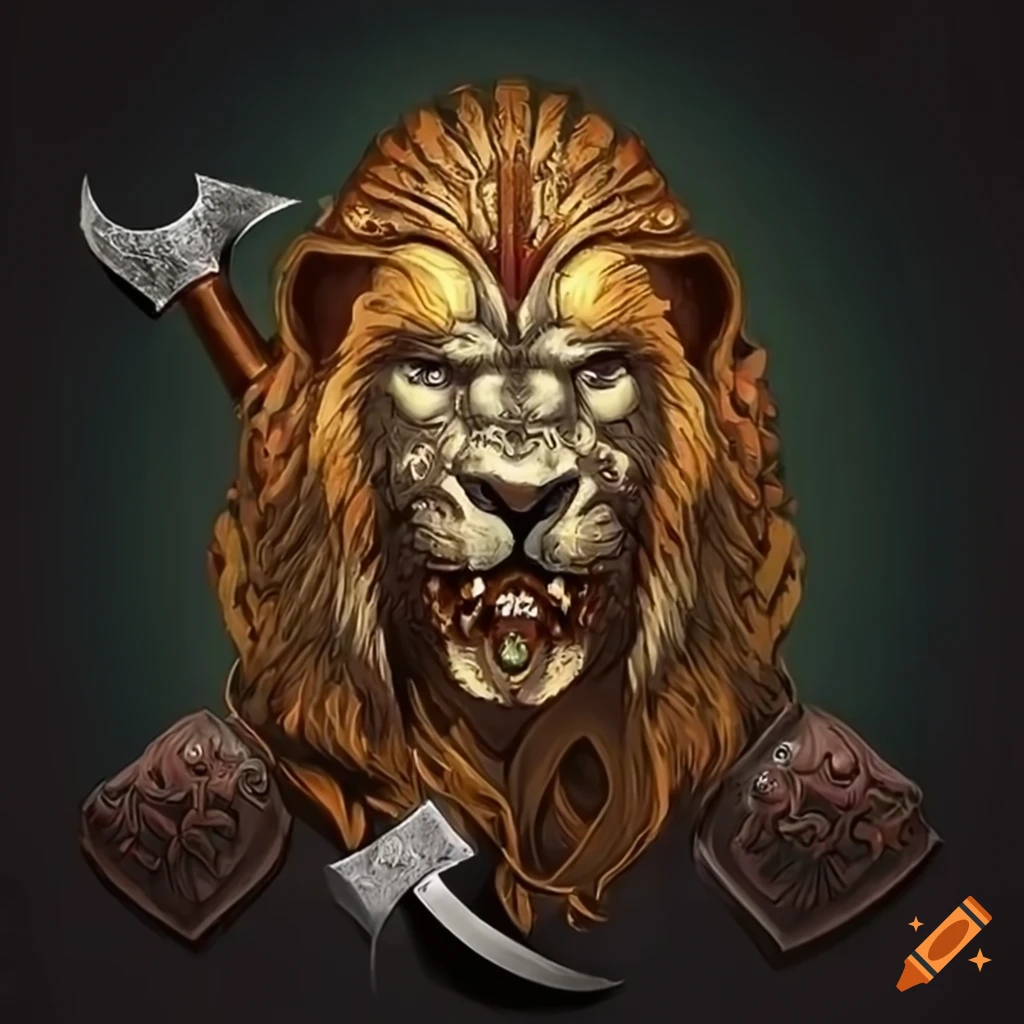 Lion wearing viking helmet and wielding battle axe