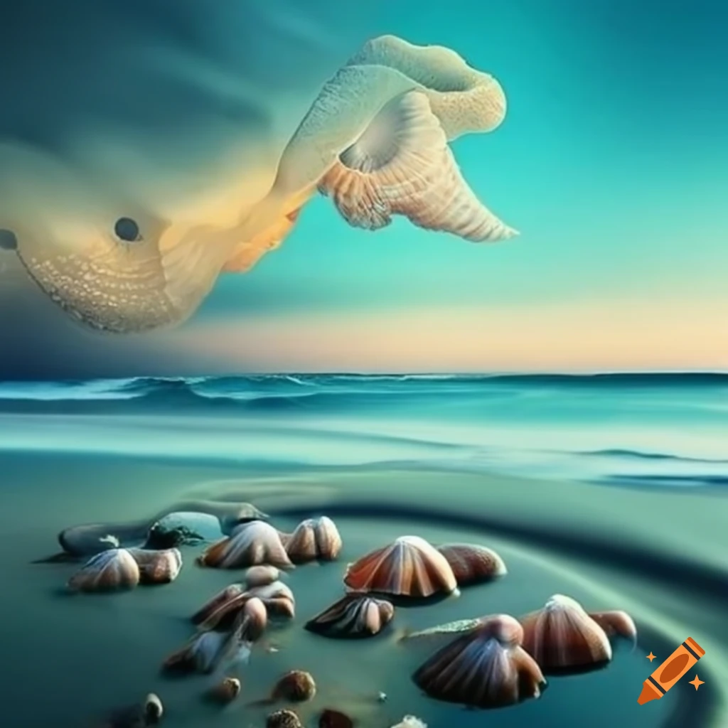 Surreal beach with vibrant seashells and fantastic clouds on Craiyon