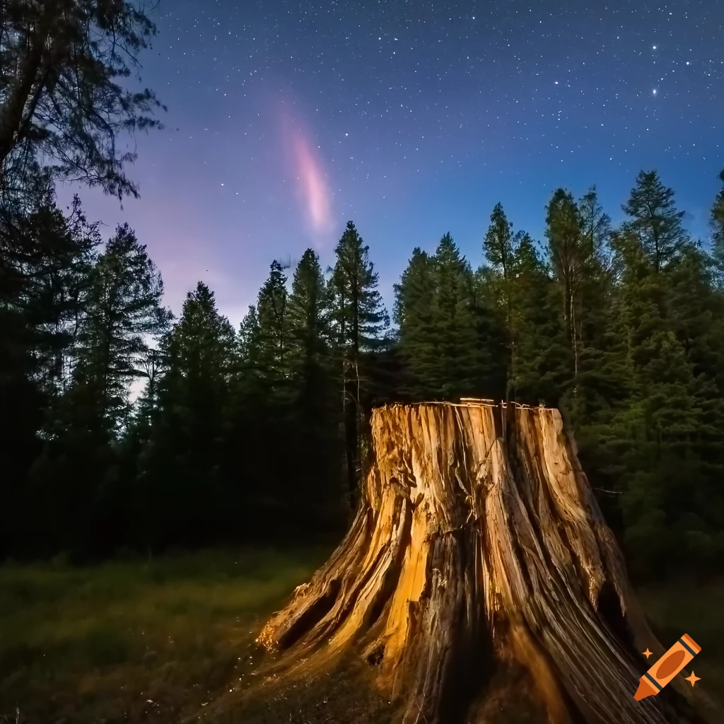 Wide shot of a big tree stump in a pine forest on Craiyon