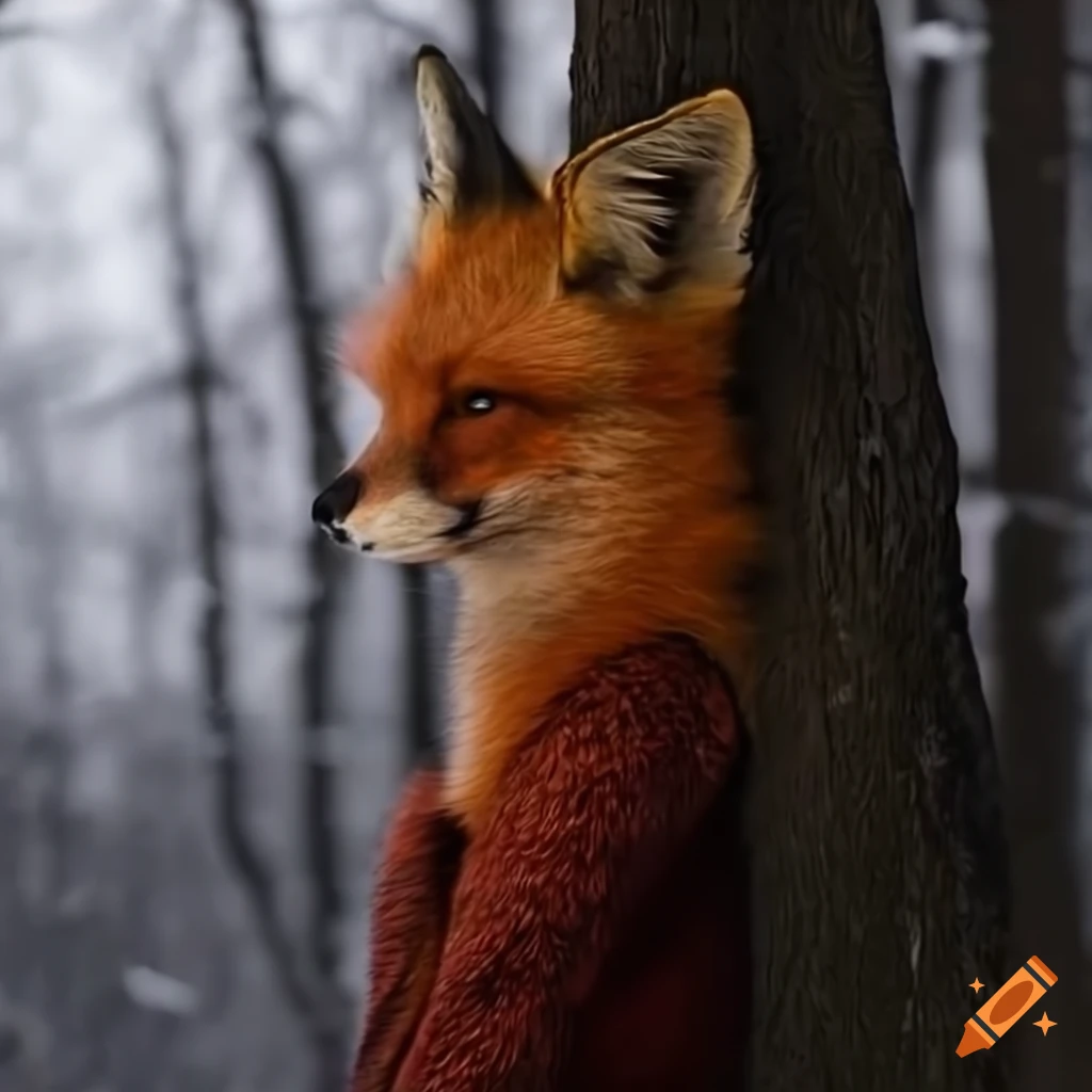 Human fox in a snowy forest