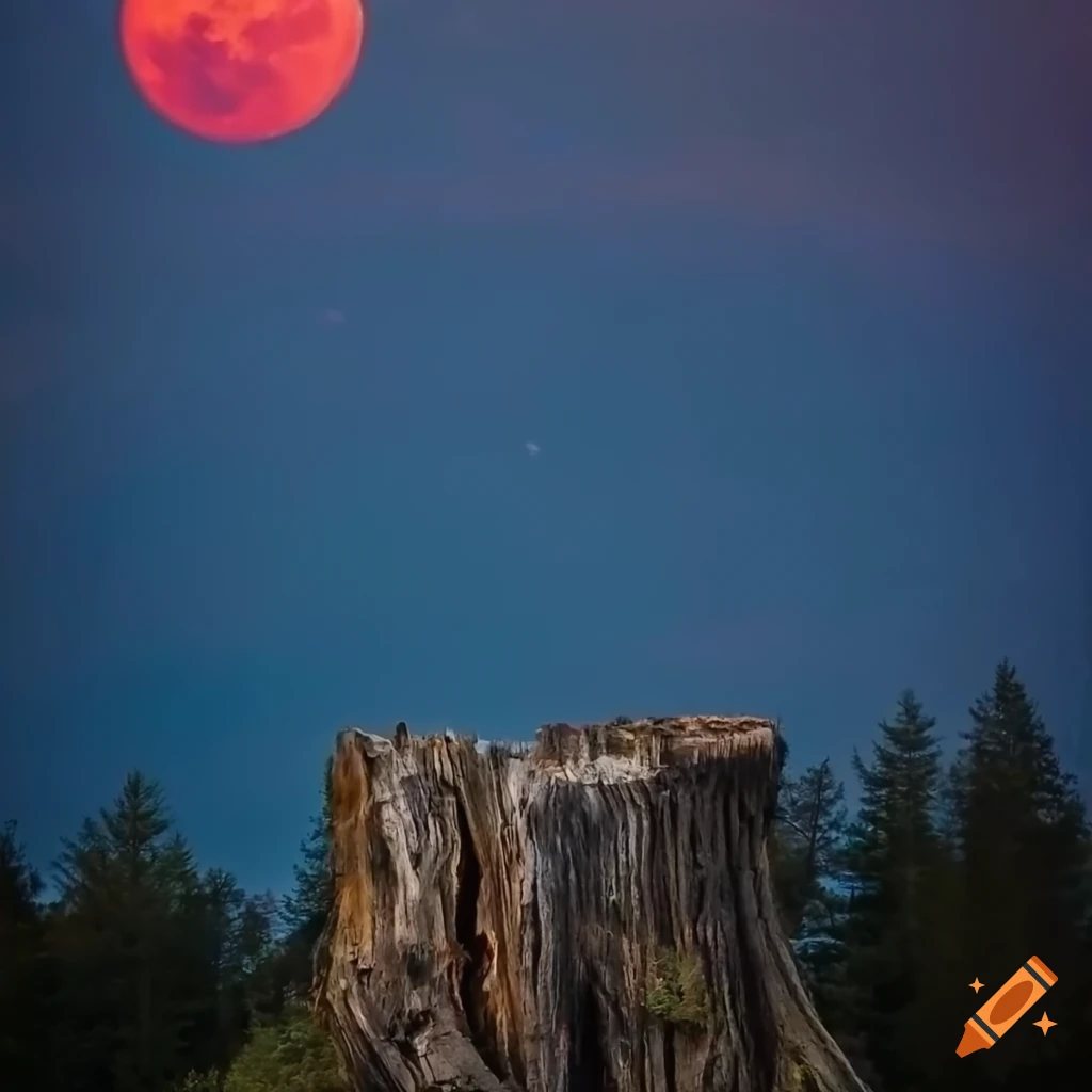 Cinematic poster of a lone tree stump in a pine forest under a red moon ...