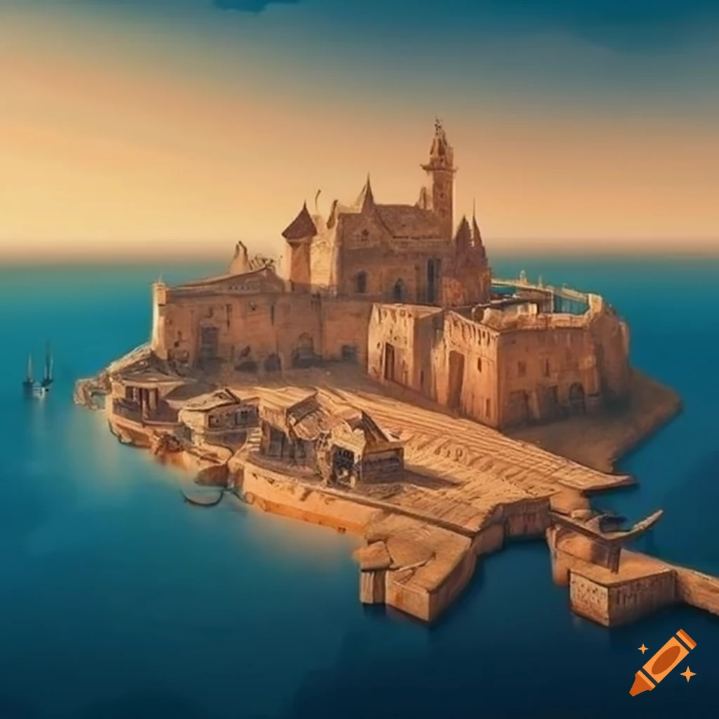 Medieval port in a desert bay artwork