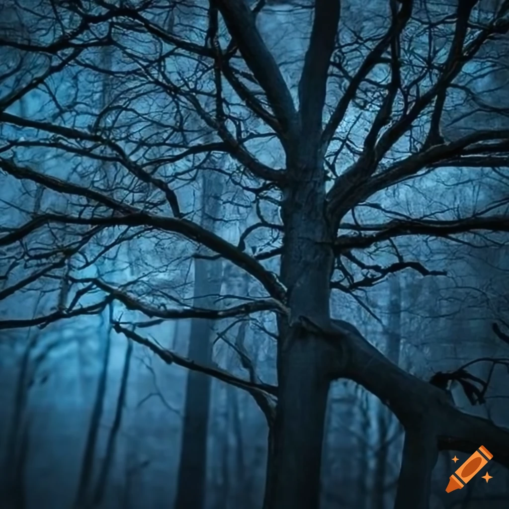Dark blue and grey forest scene