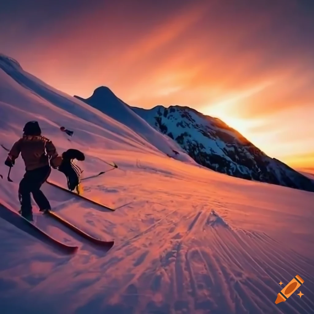 Skier skiing downhill during sunset on Craiyon