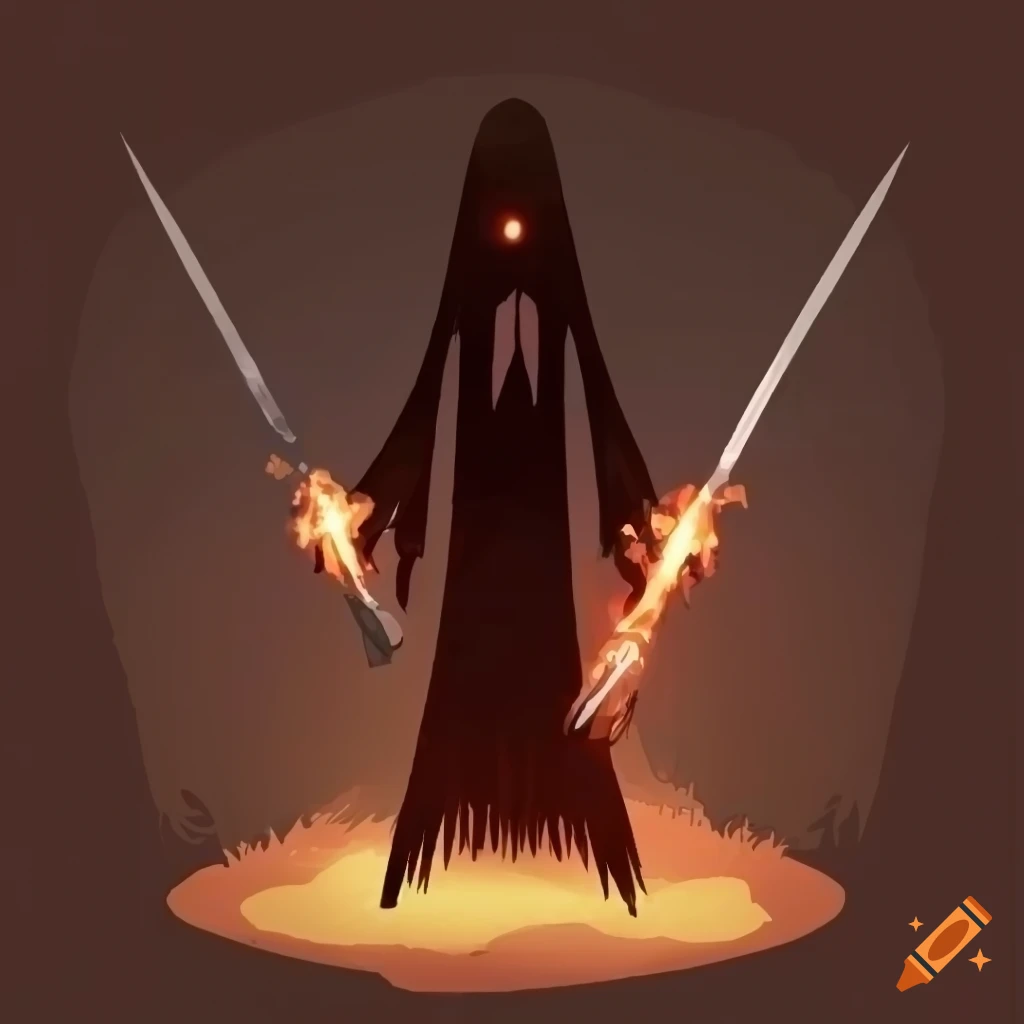 2d ghost with a sword in a somber atmosphere