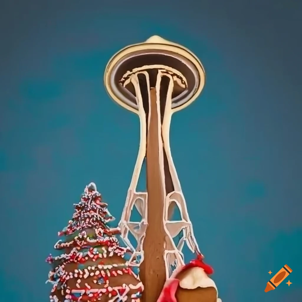 Gingerbread space needle with holiday decorations on Craiyon