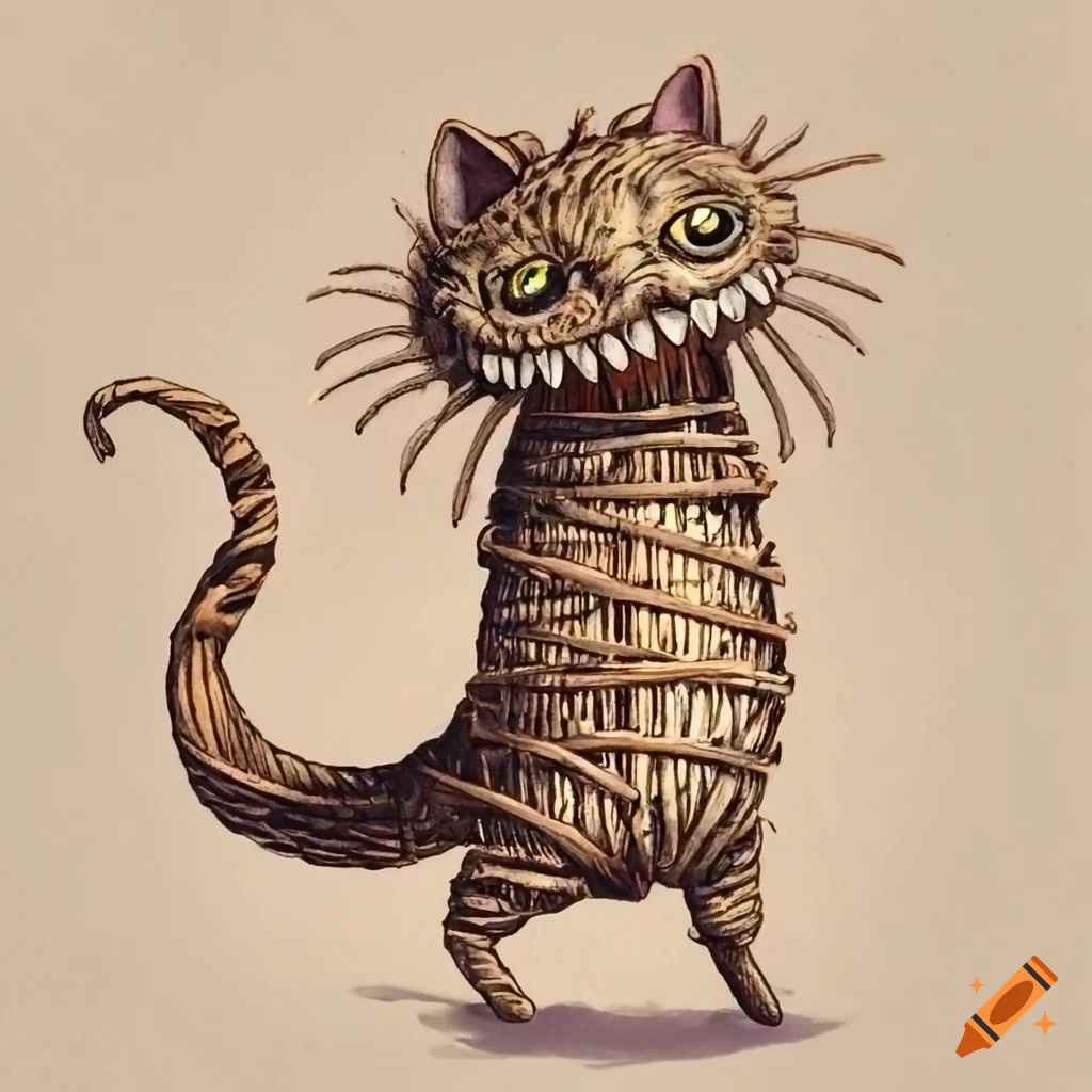 Highly detailed etching of a wicker cat monster on Craiyon