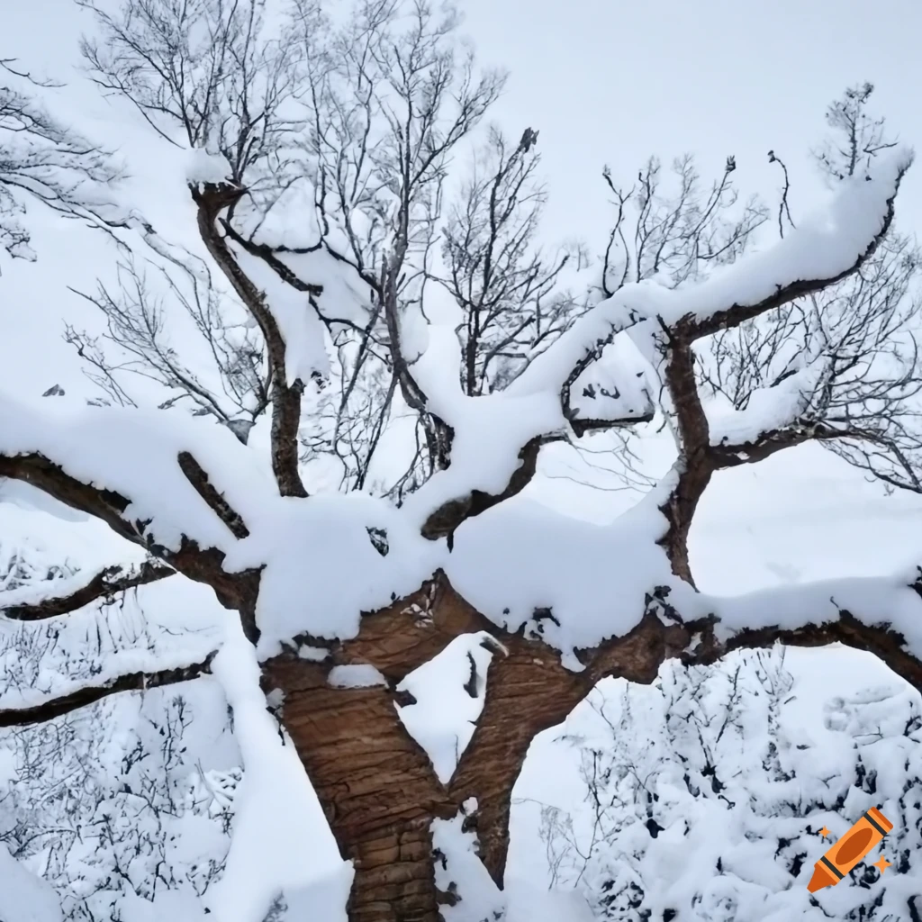 Snow-covered ancient twisted tree viewed from above on Craiyon