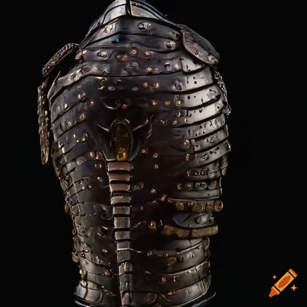 Detailed and reflective dark metal leg armor with gemstones on Craiyon