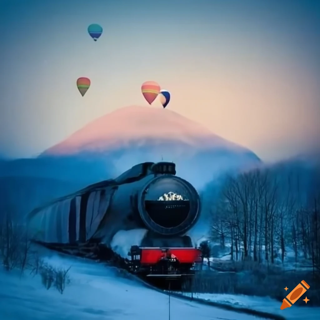 Scottish winter landscape with hot air balloon and steam train on Craiyon