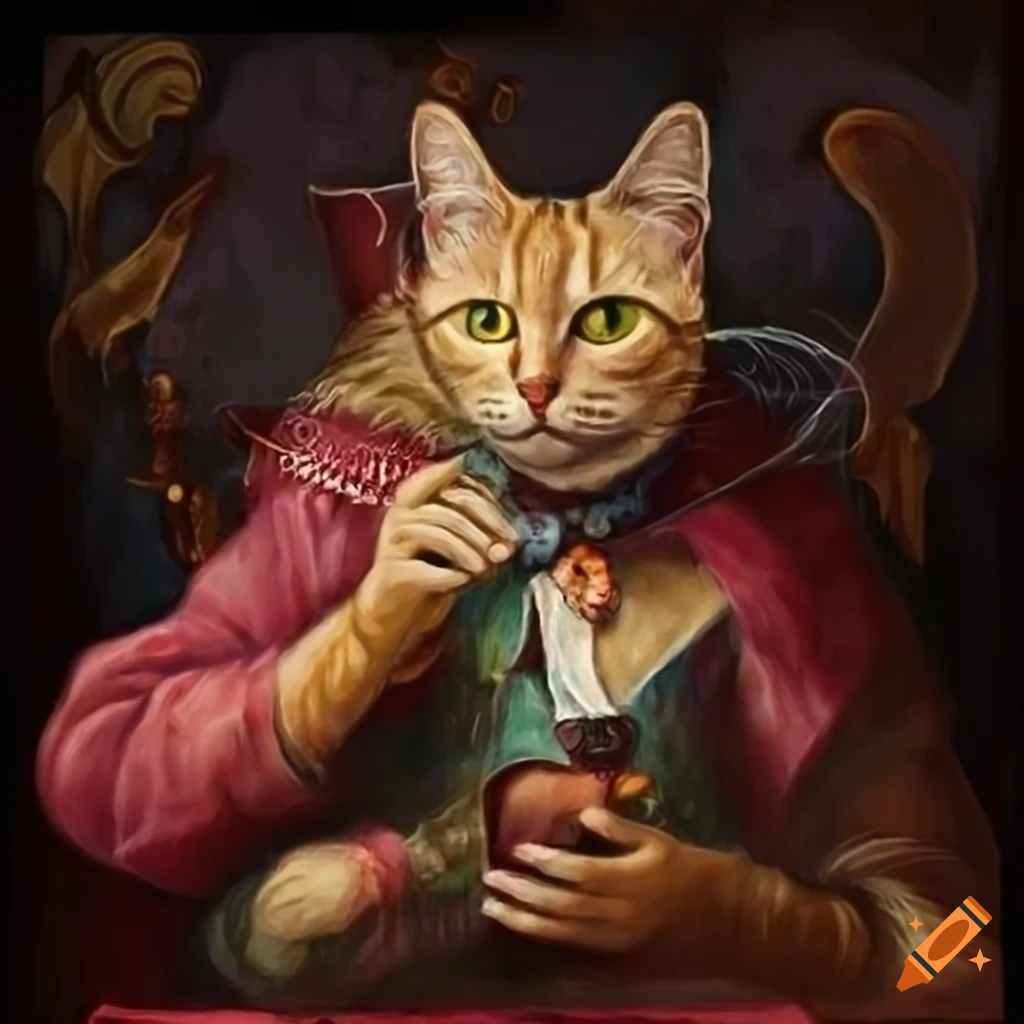 Renaissance painting of a magician cat surrounded by dancing cats on ...