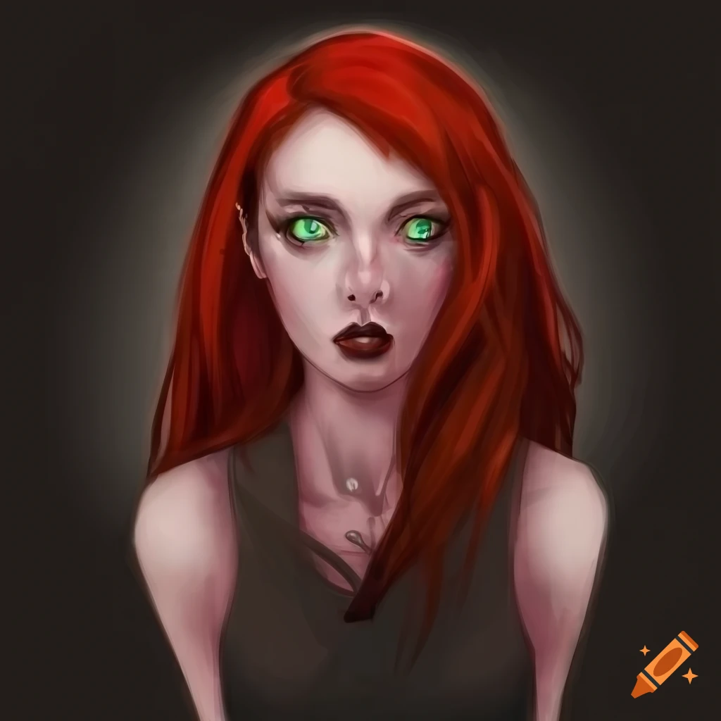 Drawing of a young woman with red hair and green eyes