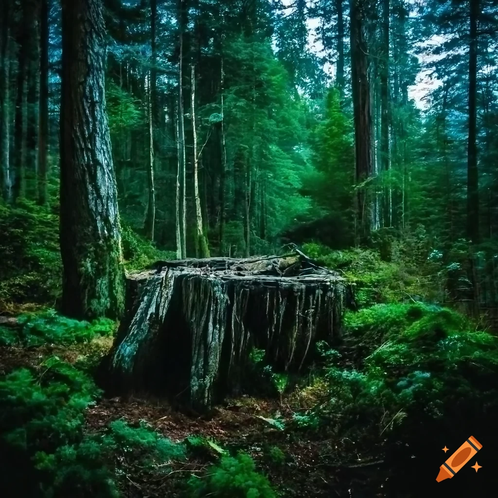 Night shot of a weathered tree stump in a lush forest