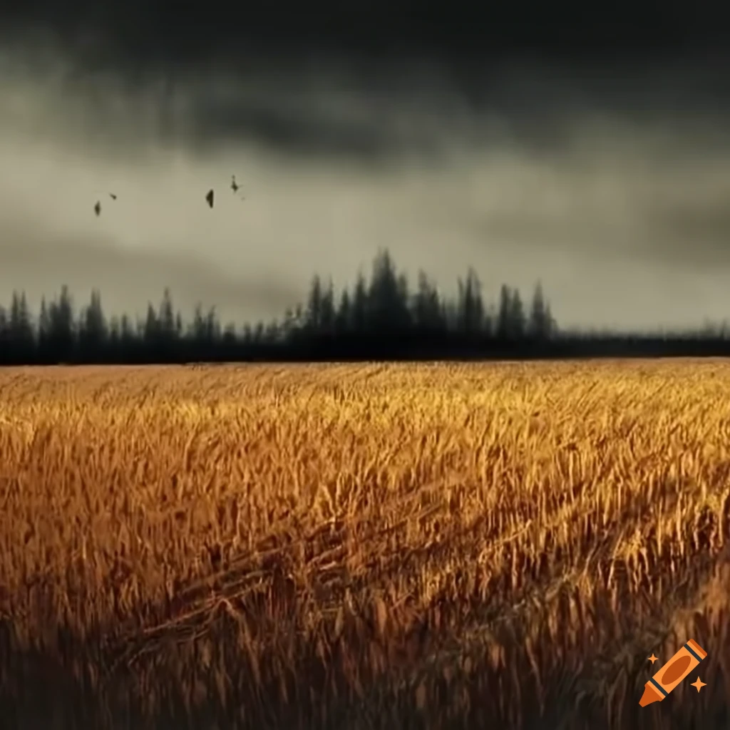Dark and realistic image of a creepy cornfield on Craiyon