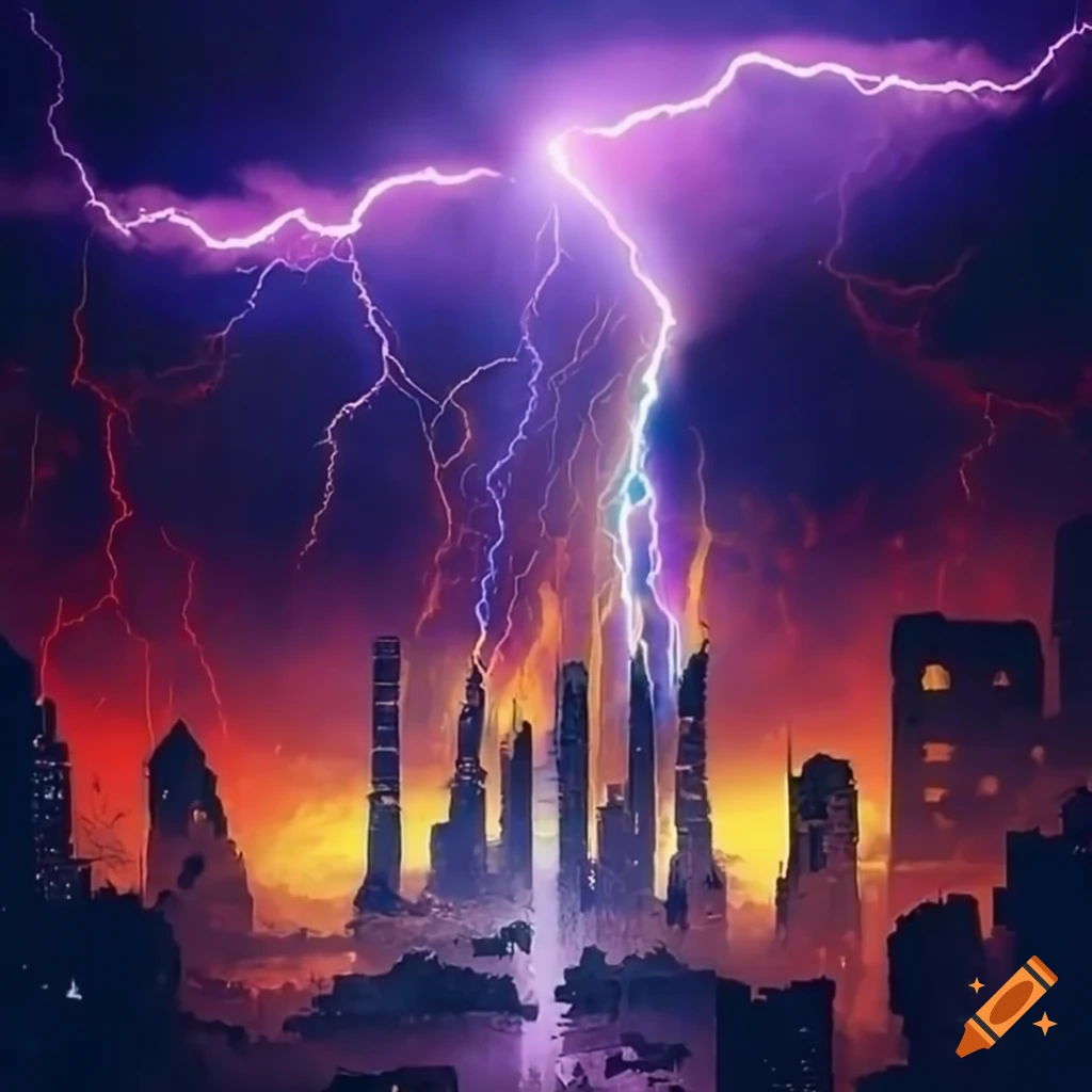 Image of a magical lightning storm over ruins of a city on Craiyon