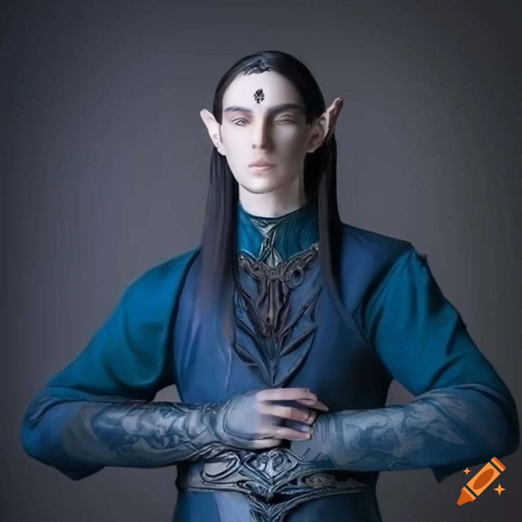 Model sheet of a male elf character in dark blue outfit on Craiyon