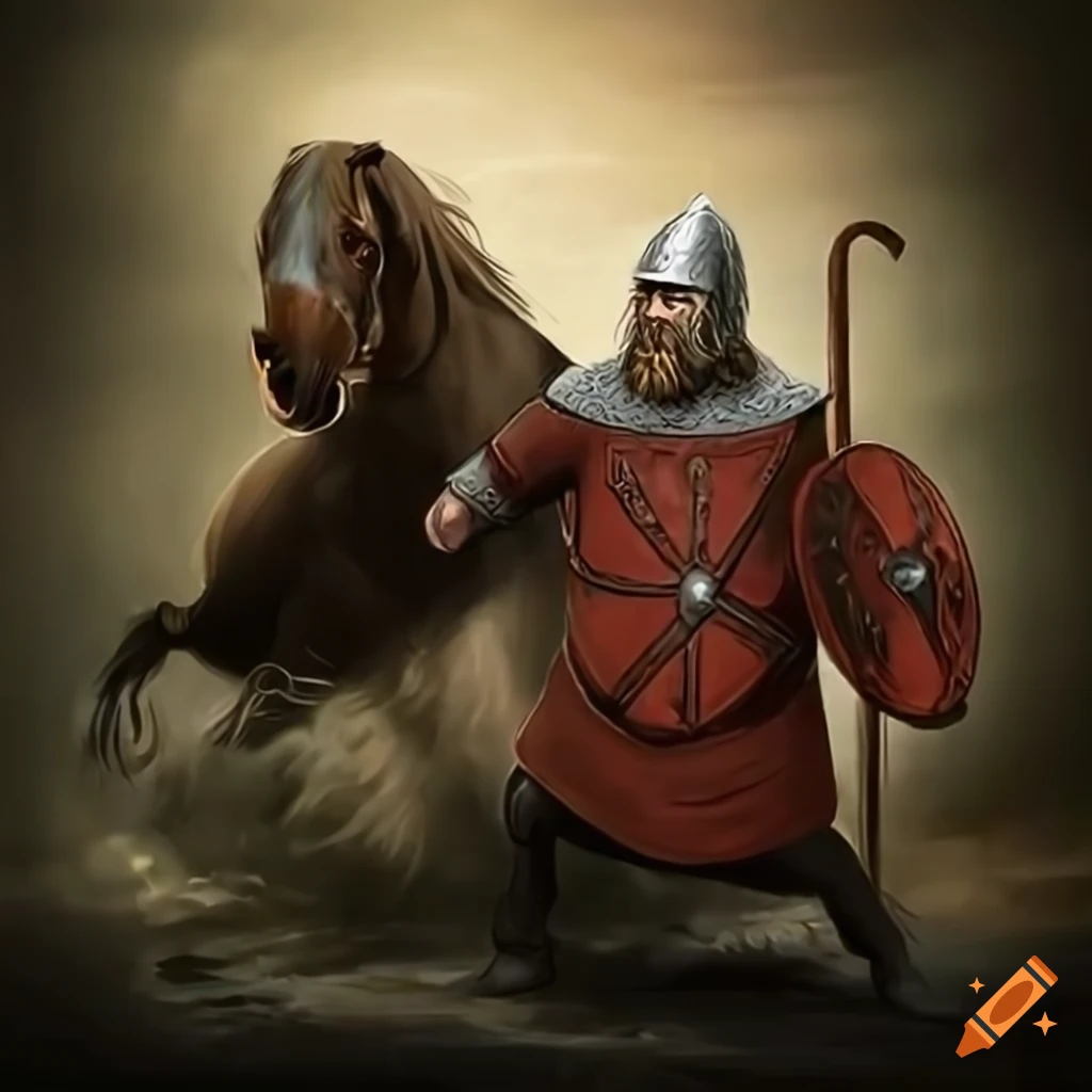 Viking warrior engaged in battle while riding a horse on Craiyon