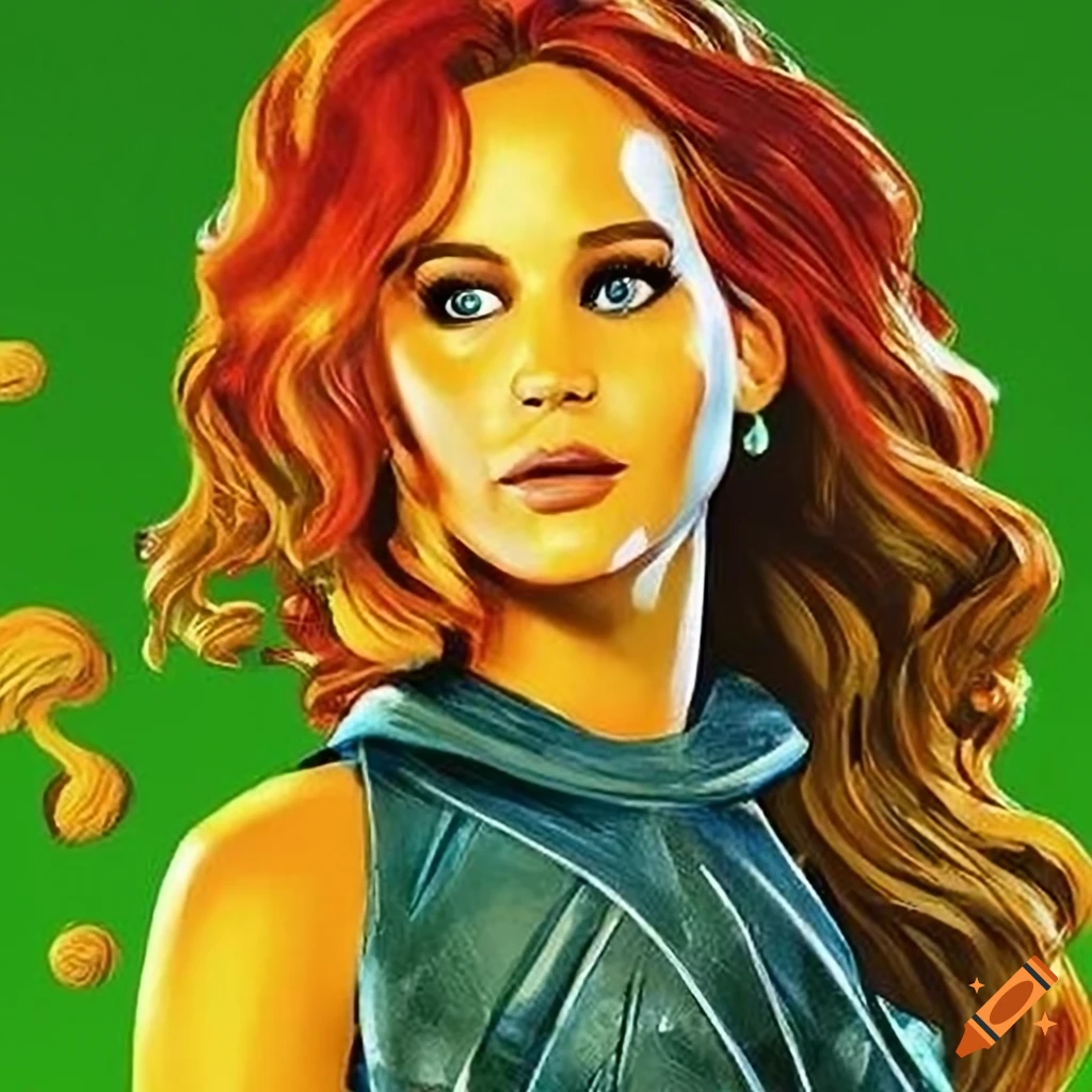Colorful book illustration of jennifer lawrence as katniss everdeen