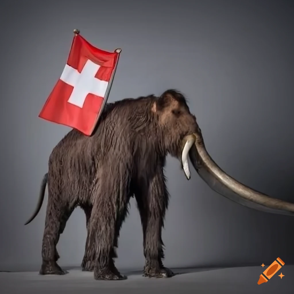 Mammoth in switzerland landscape with flag on Craiyon