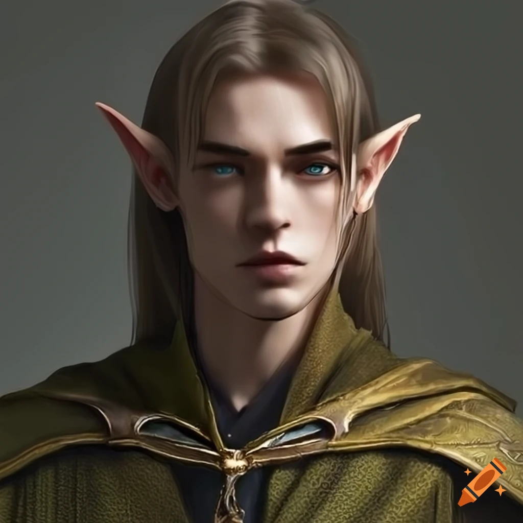 Design of a male tolkien elf in dark yellow outfit on Craiyon