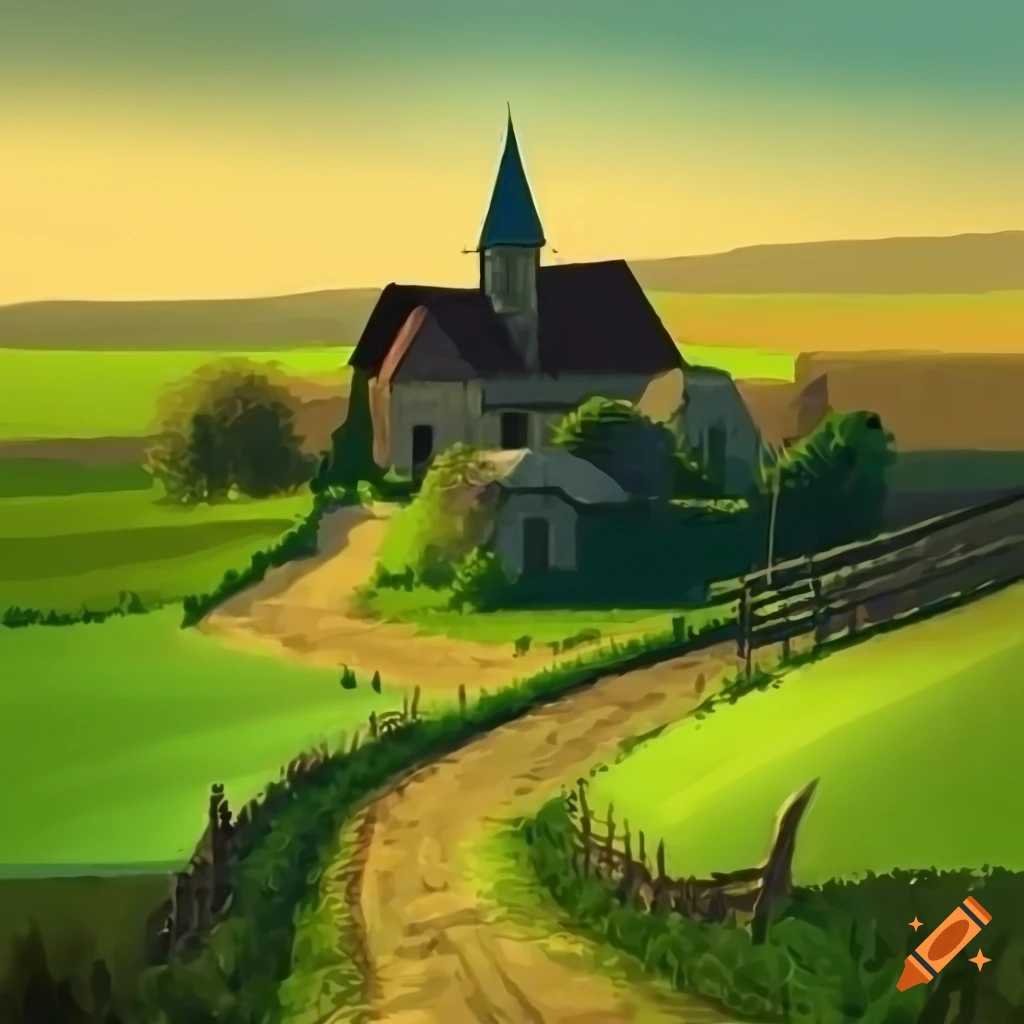 Digital painting of a medieval hamlet and flourishing farmland