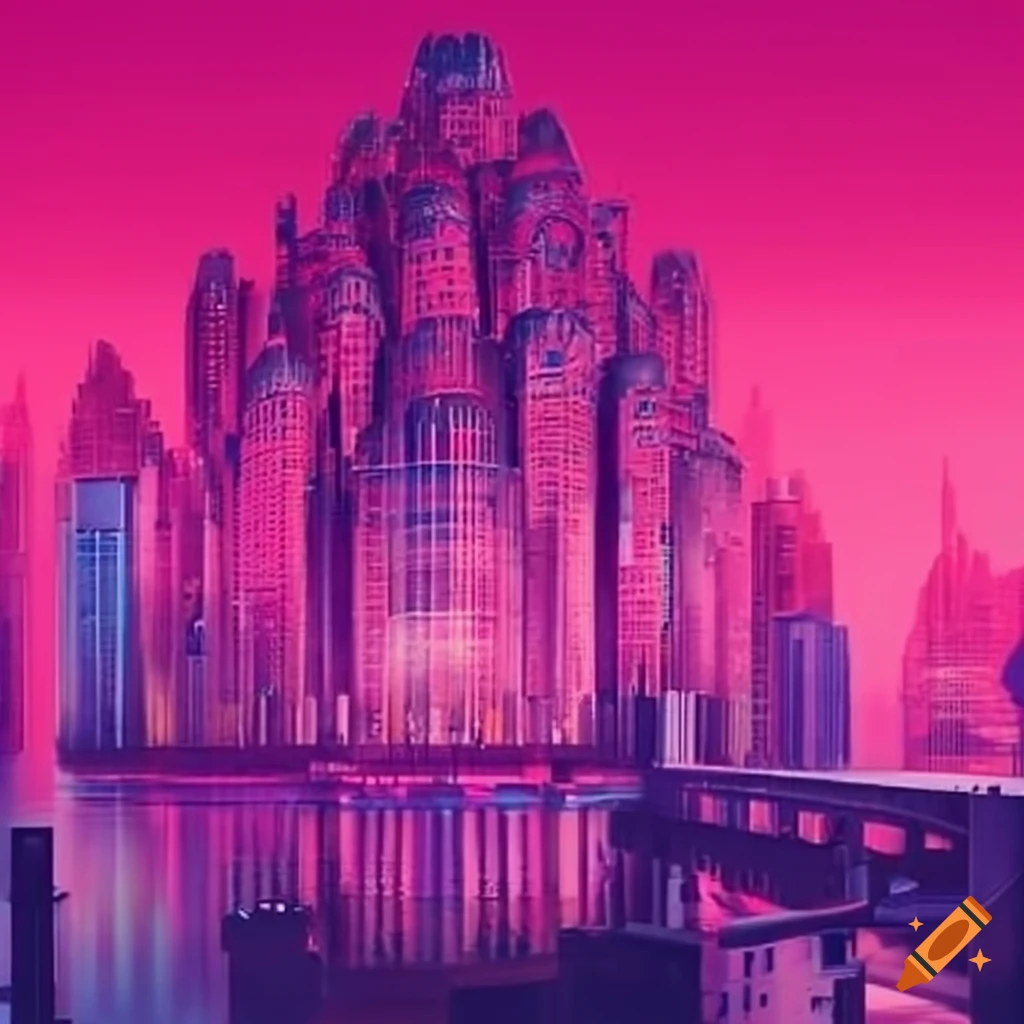Artistic depiction of a pink utopian metropolis on Craiyon